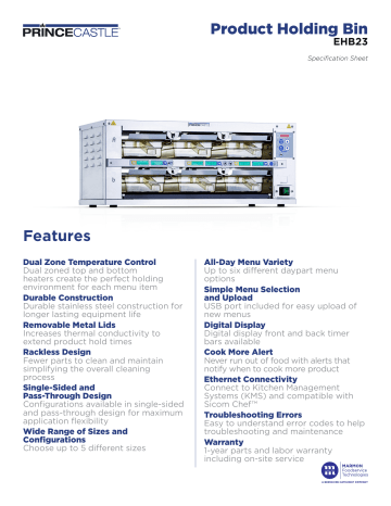 Prince Castle Extended Holding Bins (EHB) Spec Sheet | Manualzz