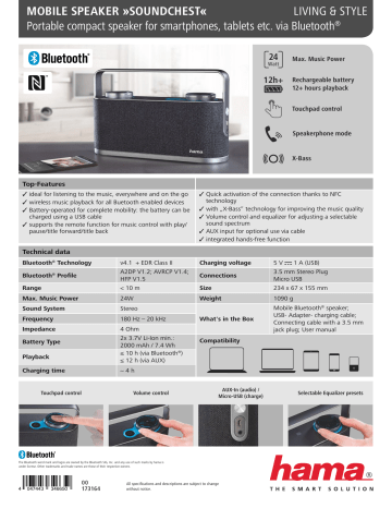 Hama 00173164 Bluetooth Speaker Data Sheet | Manualzz