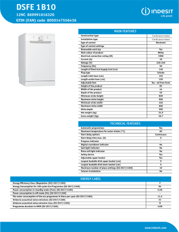 Indesit DSFE 1B10 Dishwasher NEL Data Sheet | Manualzz