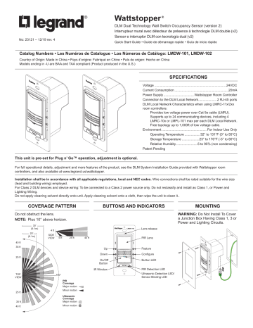 Legrand LMDW-101/102 DLM Dual Technology Occupancy Sensors Quick Start ...