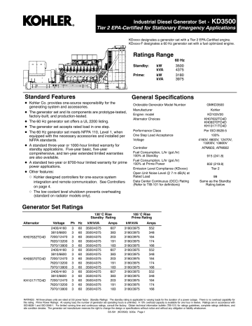 Kohler KD3500 Industrial Diesel Generator Specification Sheet | Manualzz