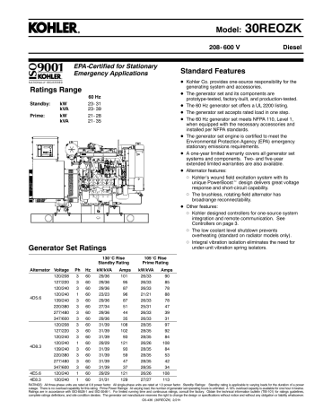Kohler 30REOZK Industrial Diesel Generator Specification Sheet | Manualzz