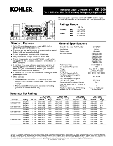 Kohler KD1500 Industrial Diesel Generator Specification Sheet | Manualzz