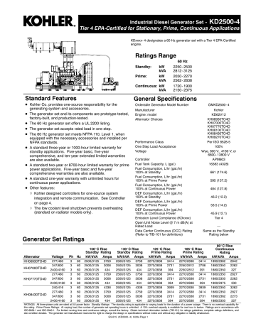Kohler KD2500-4 Industrial Diesel Generator Specification Sheet | Manualzz