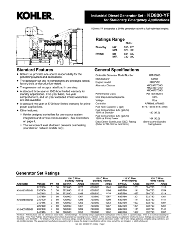 Kohler KD800 Industrial Diesel Generator Specification Sheet | Manualzz