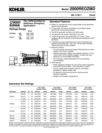 Kohler 2000REOZMD Industrial Diesel Generator Specification Sheet ...