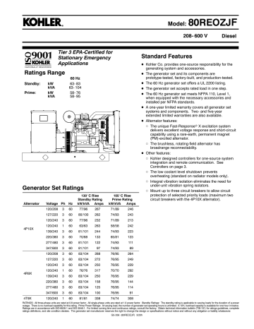 Kohler 80REOZJF Industrial Diesel Generator Specification Sheet | Manualzz