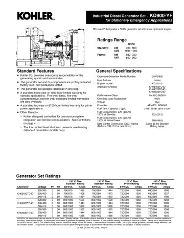 Kohler KD900 Industrial Diesel Generator Specification Sheet | Manualzz