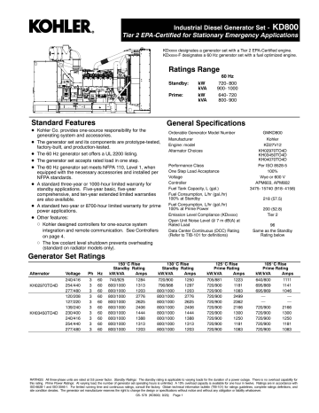Kohler KD800 Industrial Diesel Generator Specification Sheet | Manualzz