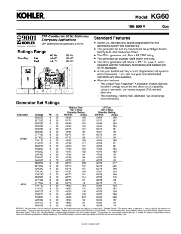 Kohler KG60 Industrial Gaseous Generator Specification Sheet | Manualzz