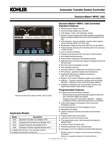 Kohler MPAC 1200 Control Specification Sheet | Manualzz