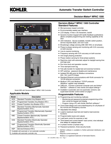 Kohler MPAC 1500 Control Specification Sheet | Manualzz