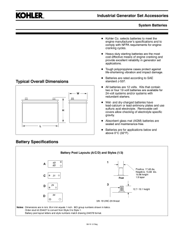 Kohler Batteries Accessory Specification Sheet | Manualzz