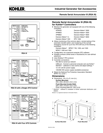 Kohler Remote Annunciator Accessory Specification Sheet | Manualzz