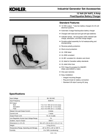 Kohler Battery Chargers Accessory Specification Sheet | Manualzz