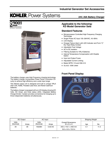 Kohler Battery Chargers Accessory Specification Sheet | Manualzz