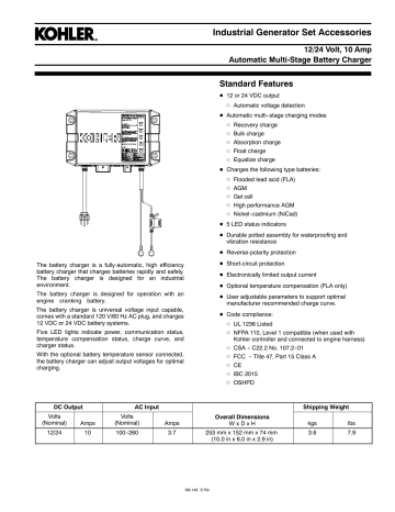 Kohler Battery Chargers Accessory Specification Sheet | Manualzz