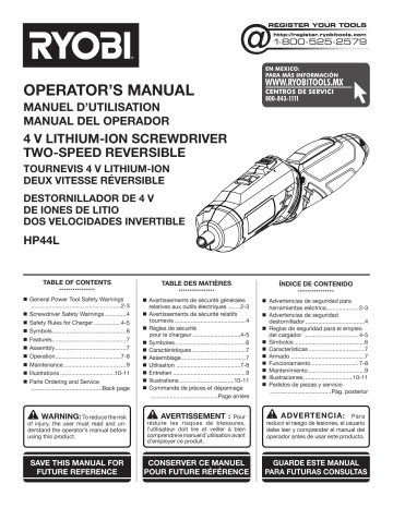 RYOBI HP44L 4V QUICKTURN SCREWDRIVER Owner Manual | Manualzz