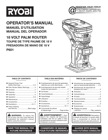 RYOBI P601 18V ONE+ Palm Router Operator’s manual | Manualzz