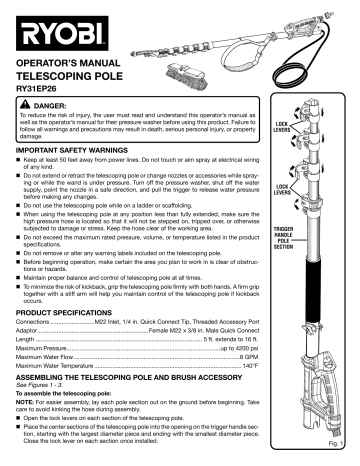 RYOBI RY31EP26 18' PRESSURE WASHER TELESCOPING Extension POLE Owner ...
