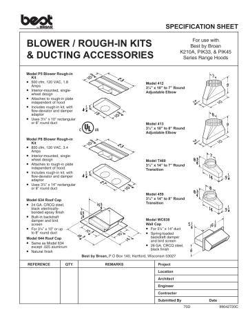 Broan P8 Undercabinet Range Hood Blower Specification Sheet | Manualzz