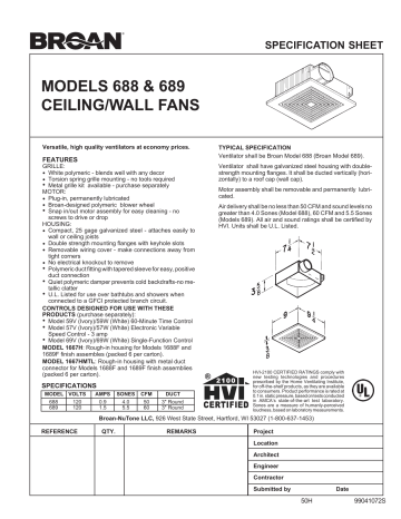 Broan 688 4-Sone 50-CFM White Bathroom Fan Specification Sheet | Manualzz