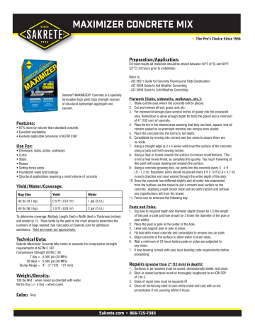 Sakrete 5050 80-lb High Strength Concrete Mix Manual | Manualzz