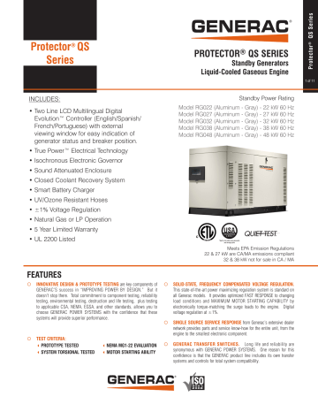 Generac RG02724ANAX Protector QS 27000-Watt /25000-Watt Standby ...