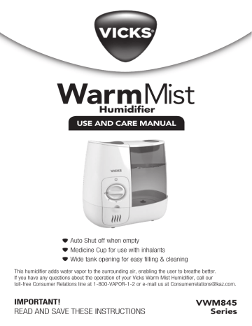 Vicks VWM845 1-Gallon Tabletop Warm Mist Humidifier Manual | Manualzz