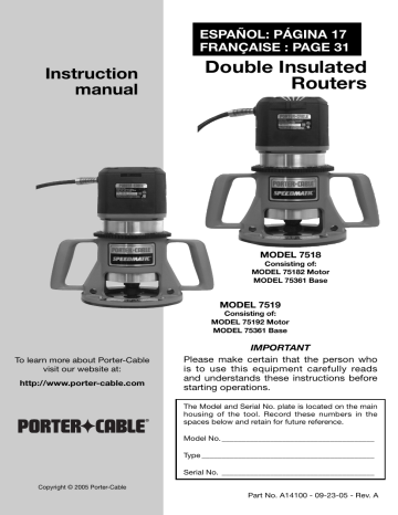 PORTER-CABLE 7519 1/2-in 3.25-HP Fixed Corded Router Instruction manual ...