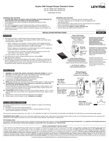Leviton T5835-W Outlet/USB Combo Instruction Sheet | Manualzz