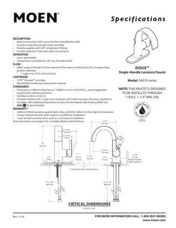 Moen S6910BL Doux Matte black one-handle high arc bathroom faucet Specifications | Manualzz