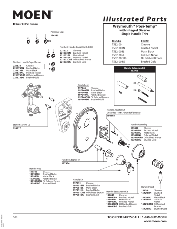 Moen TS32100BG Weymouth Brushed gold Posi-Temp(R) Exploded Parts View | Manualzz