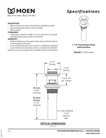 Moen 131553 Moen Pop-up waste kit Specifications | Manualzz