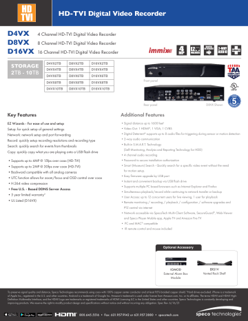 Speco D8VX 8 Channel 4MP TVI DVR Spec Sheet | Manualzz