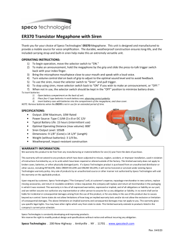 Speco ER370 16 Watt Deluxe Megaphone User Manual | Manualzz