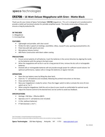 Speco ER370B 16 Watt Deluxe Megaphone User Manual | Manualzz