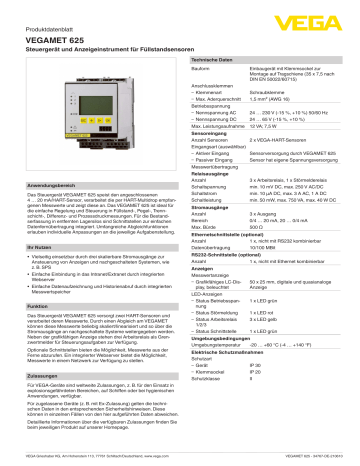 Vega VEGAMET 625 Controller and display instrument for level sensors ...