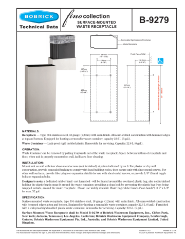 Bobrick B-9279 Surface-Mounted Waste Receptacle Technical Data Sheet | Manualzz