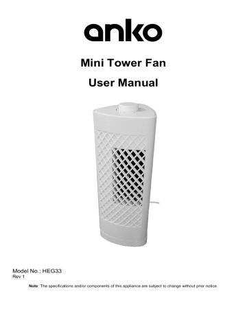 Anko Mini Tower Fan User Manual | Manualzz