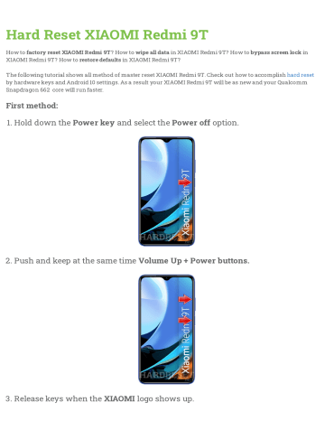 Hard Reset XIAOMI Redmi 9T | Manualzz