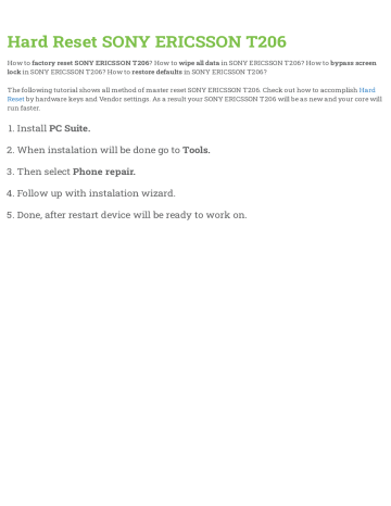 Hard Reset SONY ERICSSON T206 | Manualzz