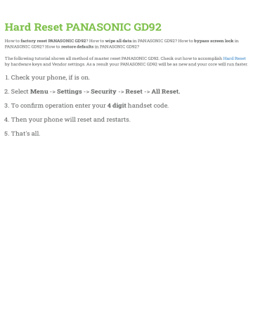 Hard Reset PANASONIC GD92 | Manualzz