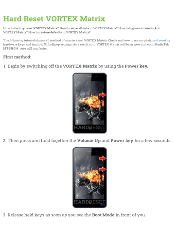 Hard Reset VORTEX Matrix | Manualzz
