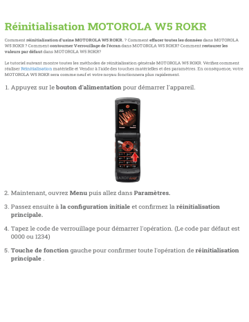 Réinitialisation MOTOROLA W5 ROKR | Manualzz