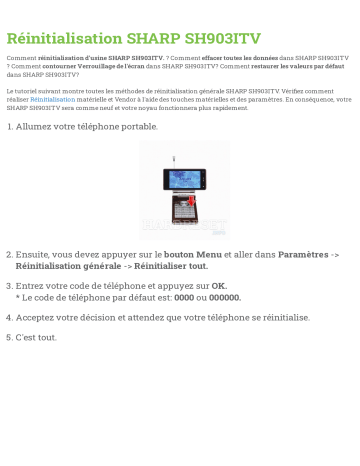 Réinitialisation SHARP SH903ITV | Manualzz