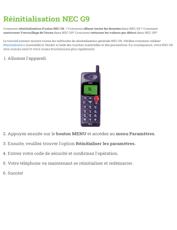 NEC G9 Manuel de réinitialisation dure | Manualzz