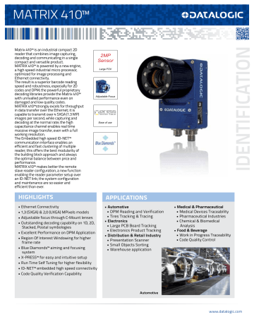 Datalogic Matrix 410™ Image-Based ID Scanner Data Sheet | Manualzz