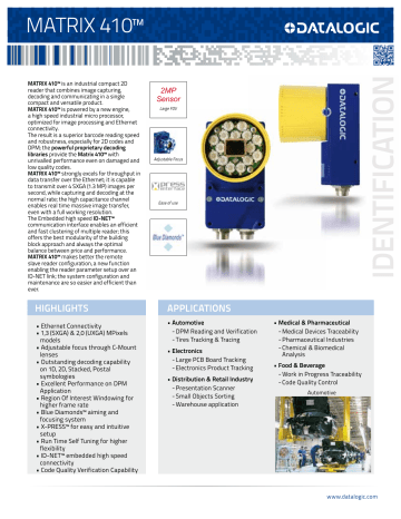 Datalogic Matrix 410™ Image-Based ID Scanner Data Sheet | Manualzz