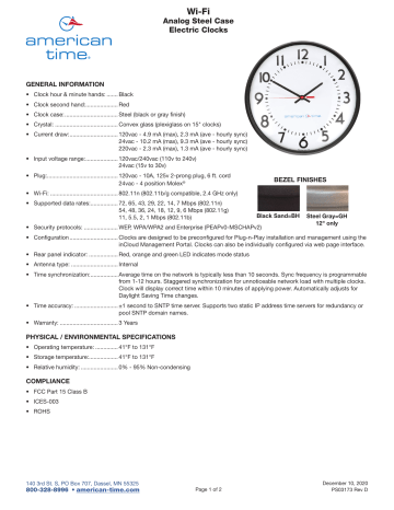 American Time Wi-Fi Steel Case Electric Analog Clocks Specifications ...